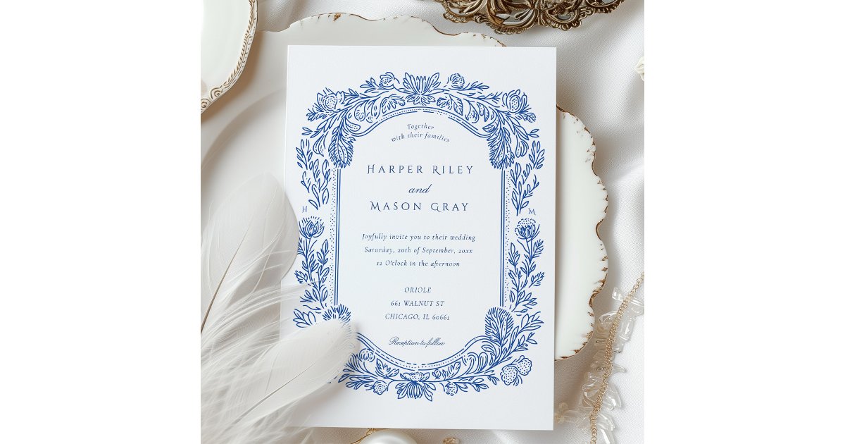 Hand-Painted Blue Floral Elegant Border Invitation | Zazzle
