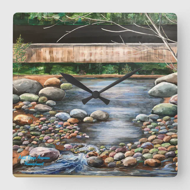 Hand Painted Blue/ Grey Landscape Scene Brook. Square Wall Clock | Zazzle