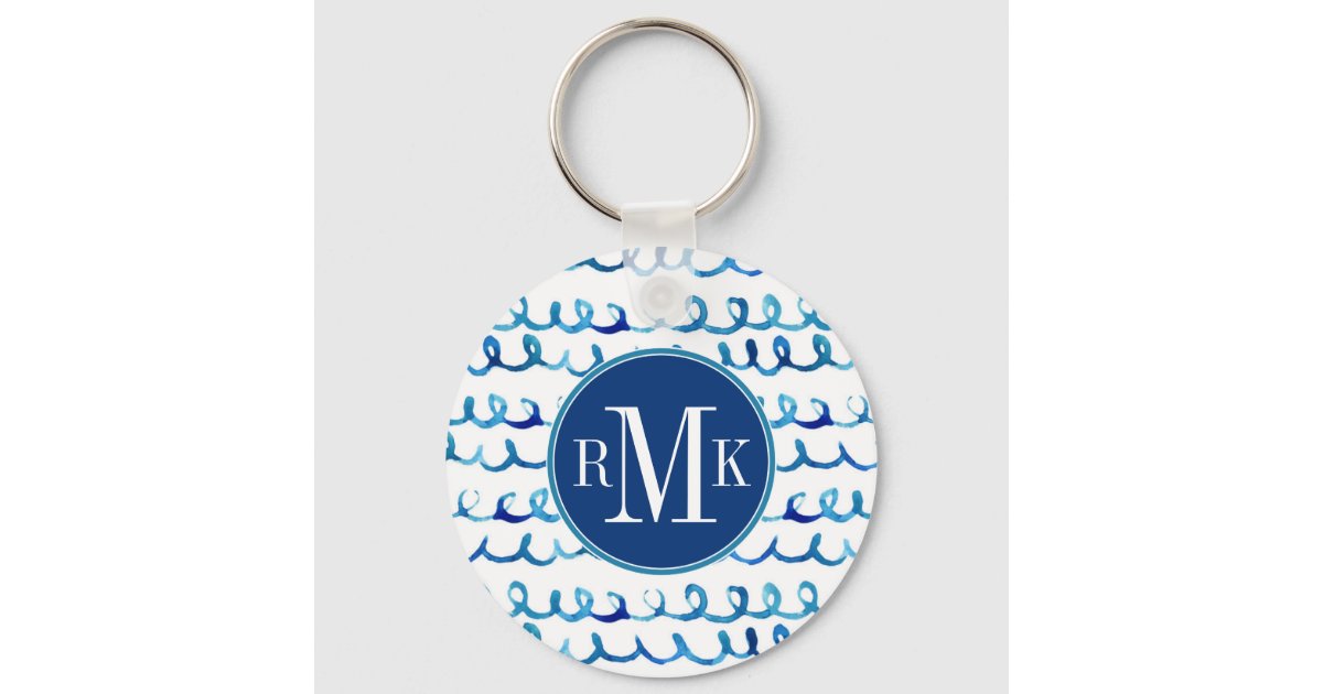 Hand Painted Blue Watercolor Wavy Pattern Keychain | Zazzle