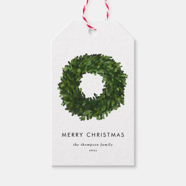 Hand Painted Boxwood Wreath Merry Christmas Gift Tags | Zazzle