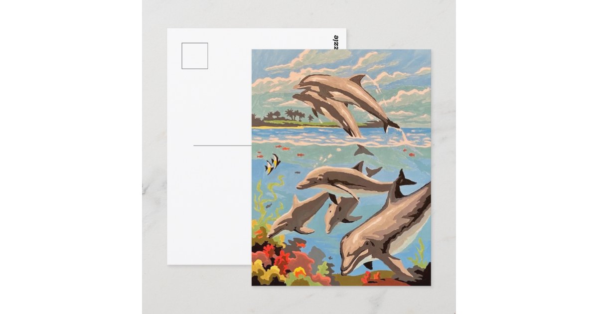Hand Painted By Number | Playful Dolphins | Postcard | Zazzle