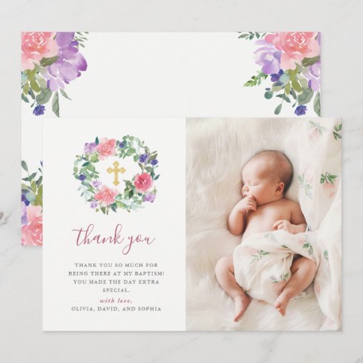 Hand Painted Floral Watercolor | Photo Baptism Thank You Card | Zazzle