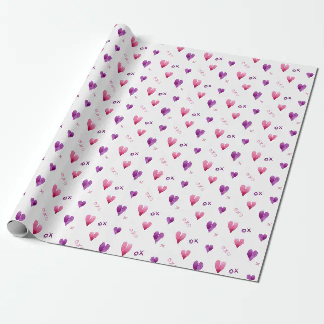 Hand painted heart x and o patterned wrapping paper | Zazzle