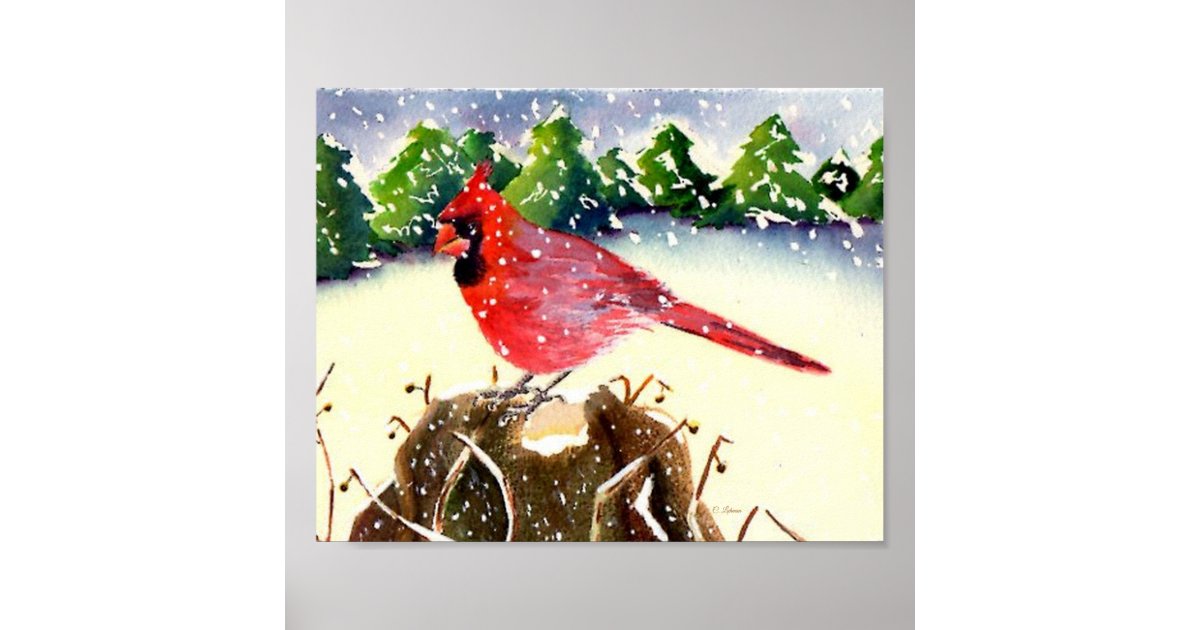 Hand Painted Realism Watercolor Cardinal in Snow P Poster | Zazzle