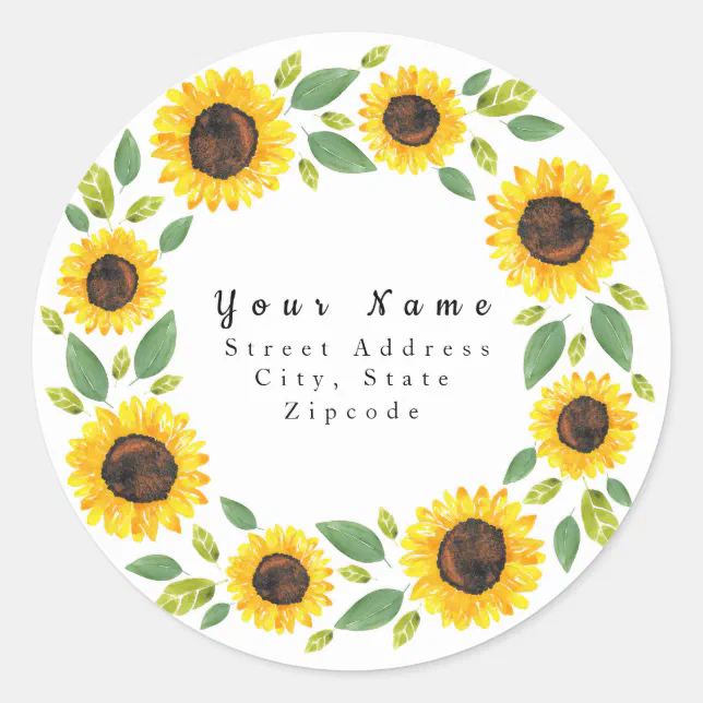 'Hand Painted Watercolor Sunflower Wreath' Label | Zazzle