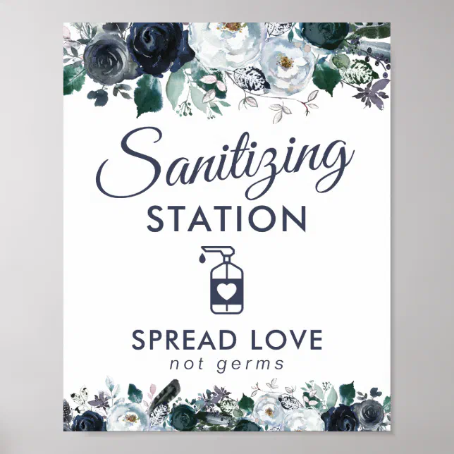 Hand Sanitizing Station Blue Floral Poster | Zazzle