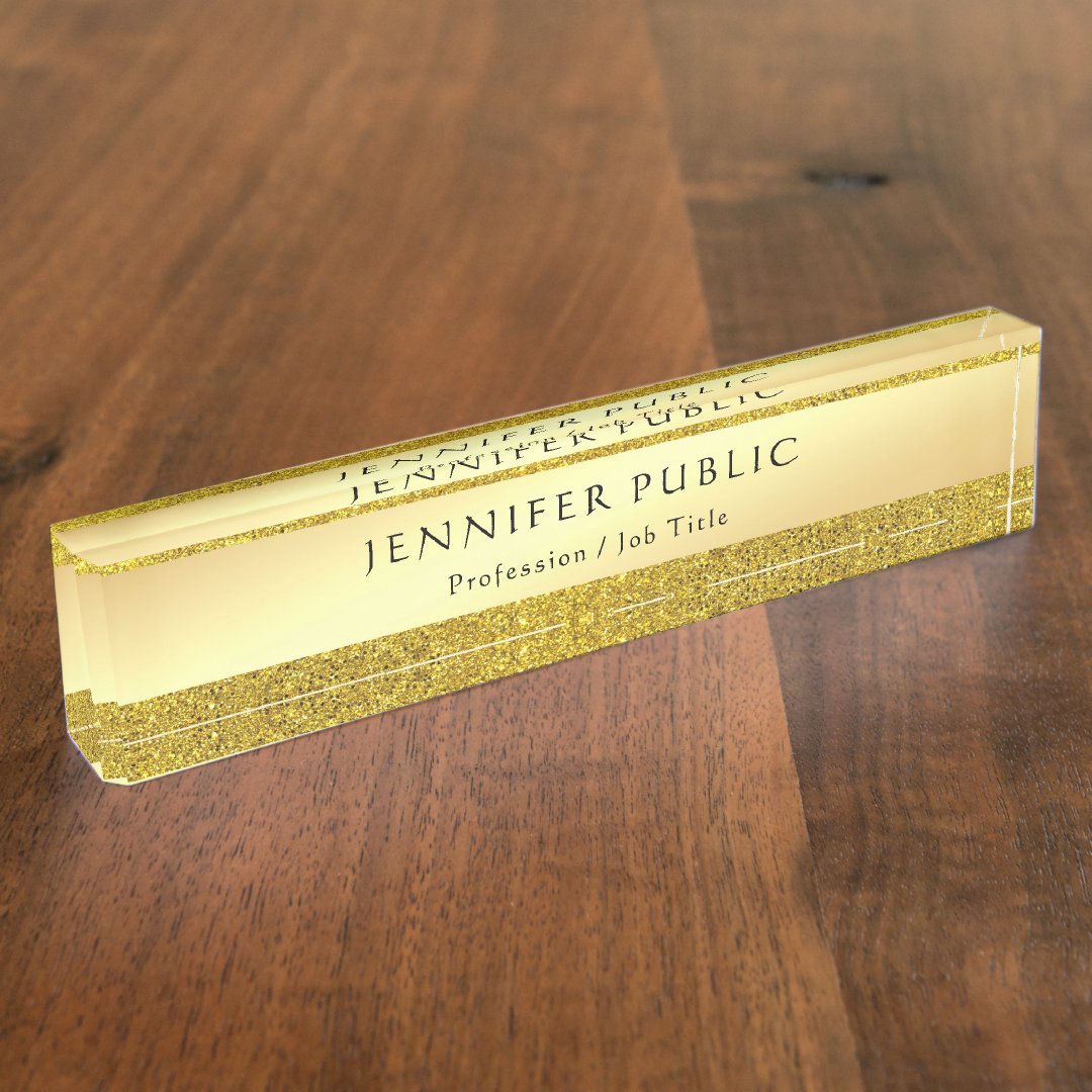 Hand Script Text Elegant Gold Glitter Template Desk Name Plate | Zazzle