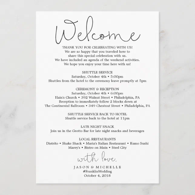 Hand Script Wedding Itinerary - Wedding Welcome Program | Zazzle
