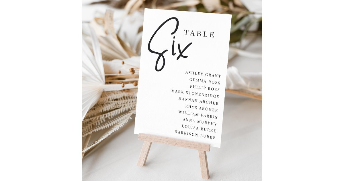 Hand Scripted Table SIX + Guest Names Number | Zazzle
