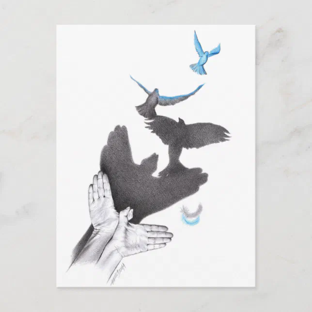 Hand shadow Flying birds Illusion Surreal art Postcard | Zazzle