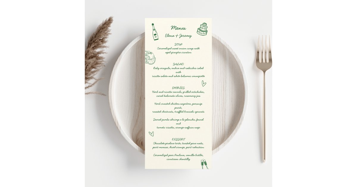 Hand Written Drawing Scribble Green Wedding Menu | Zazzle