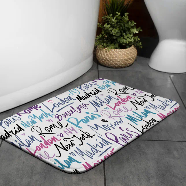 Hand Written Famous Cities of the World Pattern Bath Mat | Zazzle