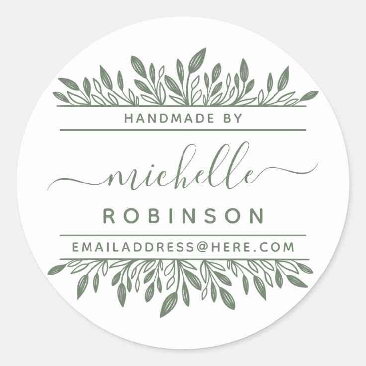 Hand-written Name Sage Green Botanical Handmade By Classic Round ...