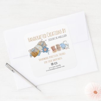 Handcrafted Creations Yarn and Sewing White Square Sticker | Zazzle