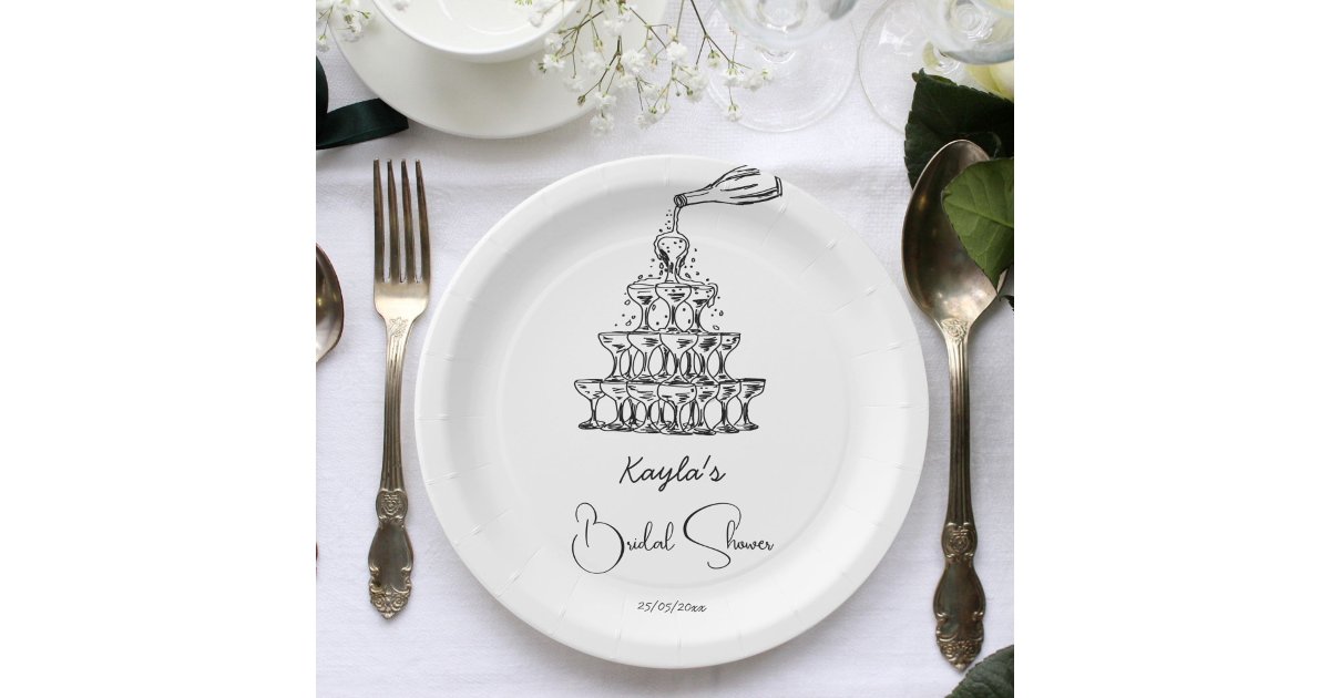 Handdrawn champagne tower minimalist bridal shower paper plates | Zazzle