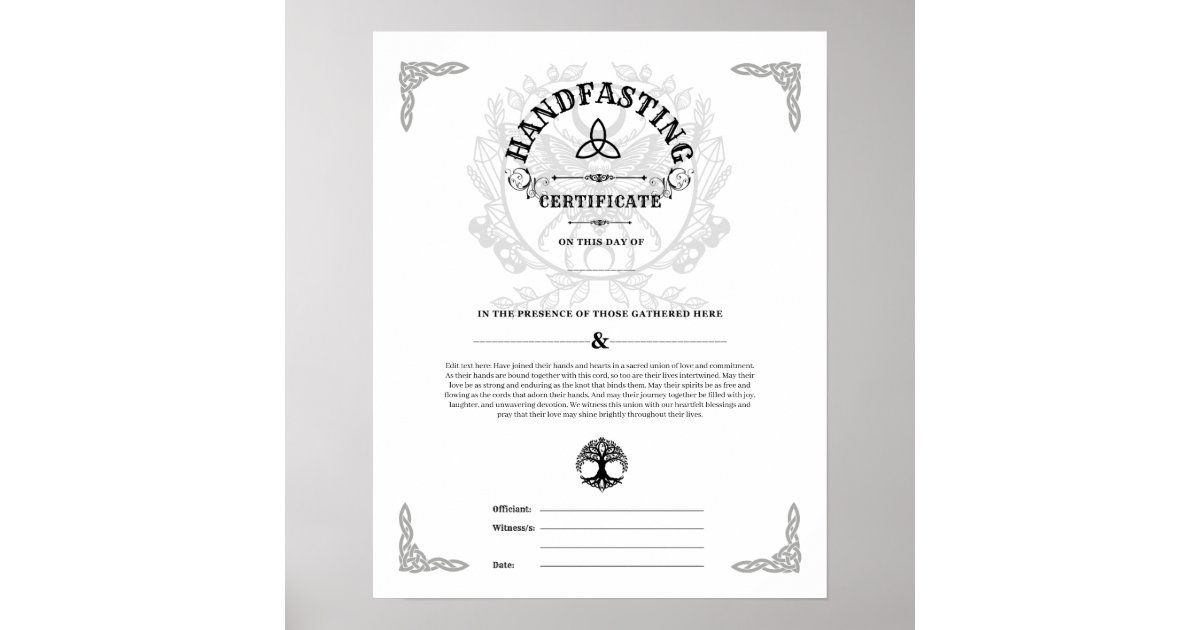 HANDFASTING CERTIFICATE 16X20 CELTIC WICCA WHITE POSTER | Zazzle
