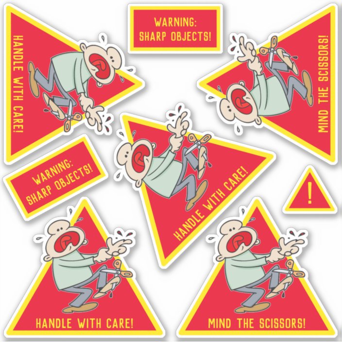 Handle With Care Sharp Objects Cartoon Warning Sticker | Zazzle.com