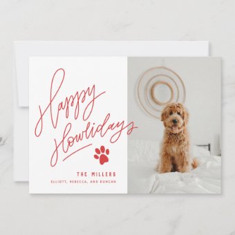Handlettered Red Happy Howlidays Paw Dog Photo Holiday Card | Zazzle
