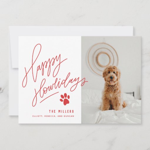 Handlettered Red Happy Howlidays Paw Dog Photo Holiday Card | Zazzle