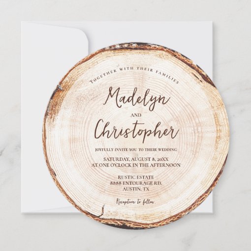 Handlettering Script Wood Slice Rustic Wedding Invitation | Zazzle