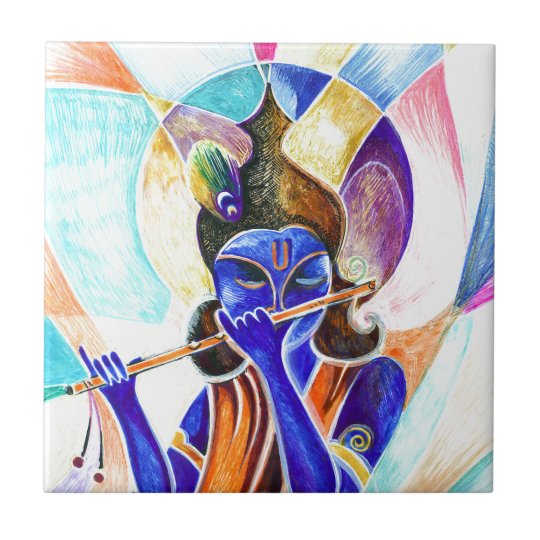 Handmade Abstract Painting of Lord Krishna with fl Tile | Zazzle.com