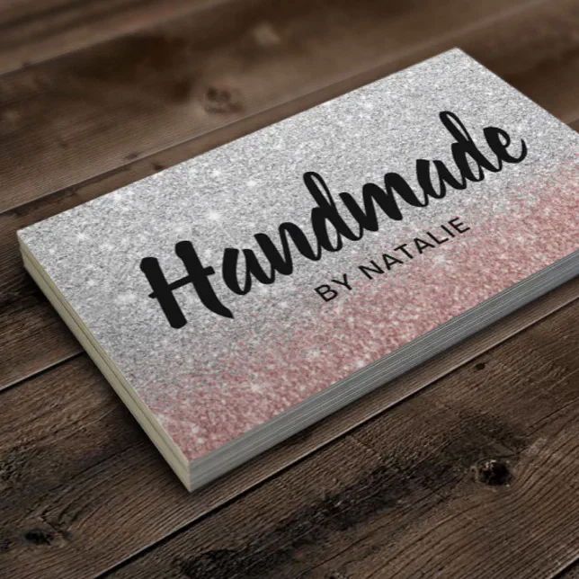 Handmade Bold Text Modern Rose Gold Silver Glitter Business Card | Zazzle