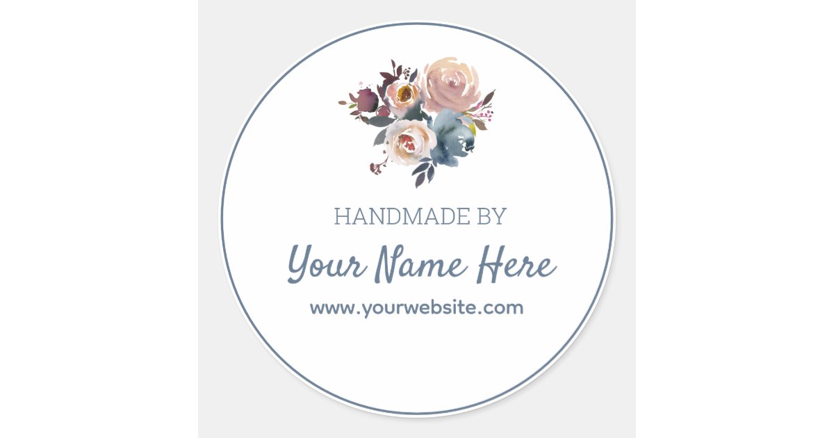 Handmade By Blue Pink Floral Classic Round Sticker | Zazzle