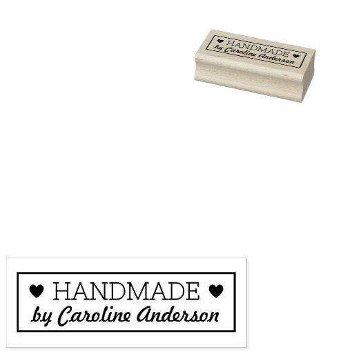 Handmade by custom name rubber stamp, two hearts rubber stamp | Zazzle