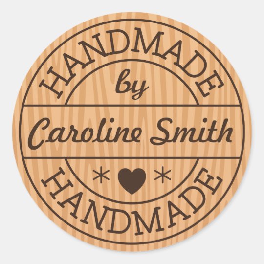Handmade by stamp on wood personalized name classic round sticker ...