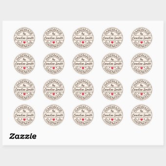 Handmade by stamp red heart personalized name classic round sticker ...