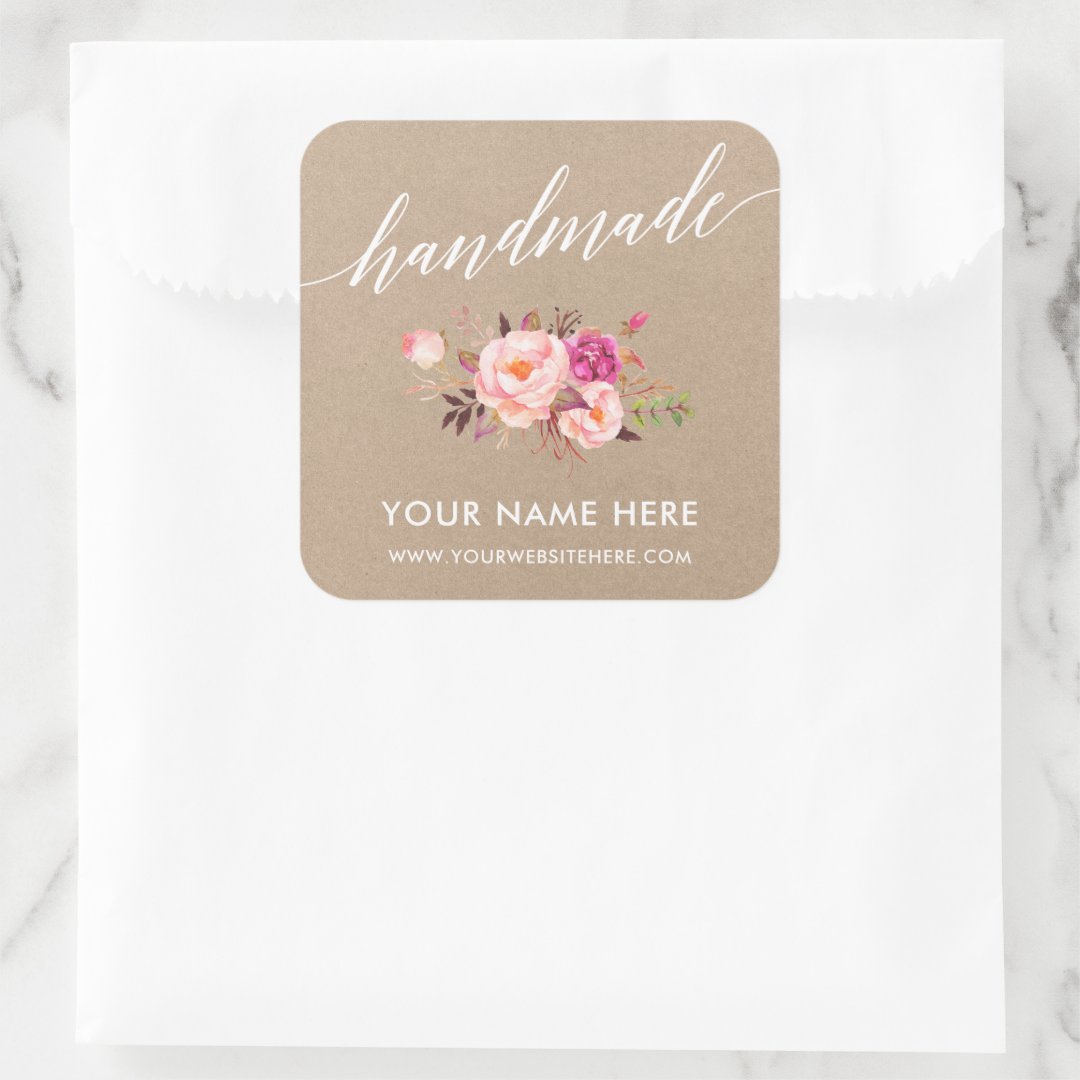 Handmade Calligraphy Pink Floral Kraft Small Square Sticker | Zazzle