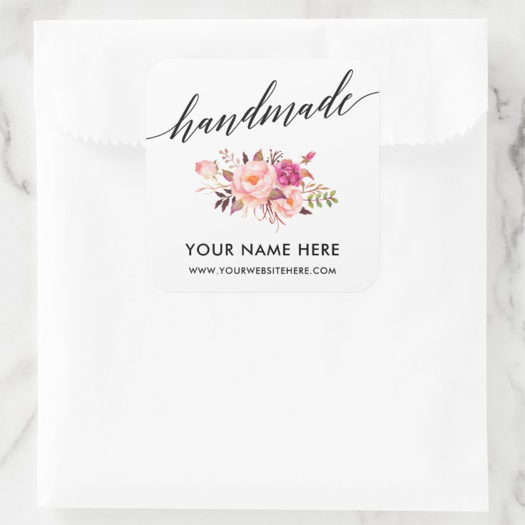 Handmade Calligraphy Pink Floral Small Square Sticker | Zazzle
