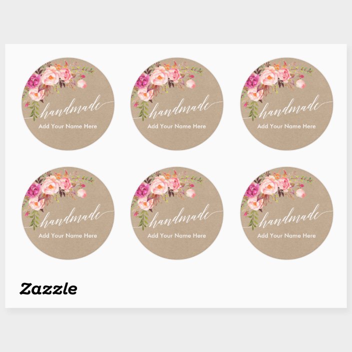 Handmade Calligraphy Round Pink Floral Kraft Classic Round Sticker ...