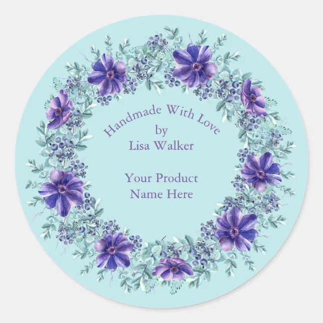 Handmade Item Label Rustic Aqua & Purple Wreath | Zazzle