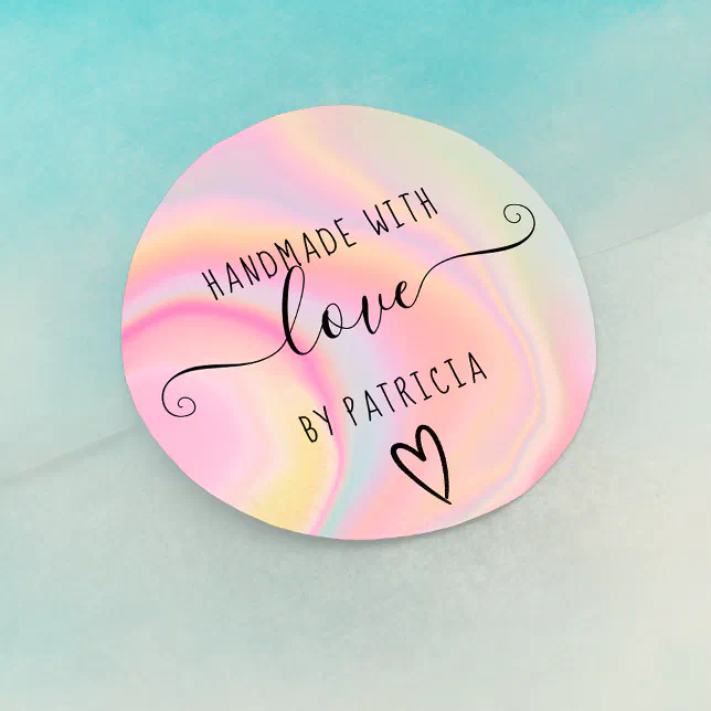 Handmade love typography pastel rainbow marble classic round sticker ...