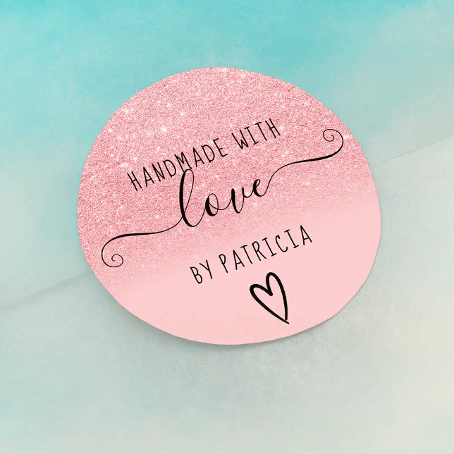 Handmade love typography pink glitter sparkles classic round sticker ...