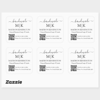 Handmade Monogram or Add Logo Business QR Code Square Sticker | Zazzle
