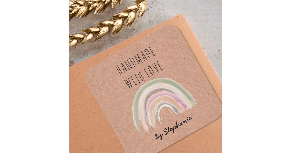 Handmade with Love Boho Rainbow Kraft Paper Rustic Square Sticker | Zazzle