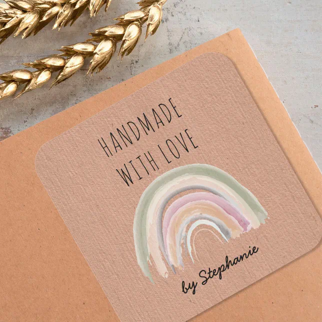 Handmade with Love Boho Rainbow Kraft Paper Rustic Square Sticker | Zazzle