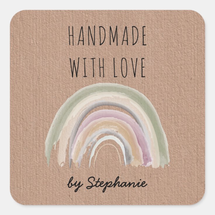 Handmade with Love Boho Rainbow Kraft Paper Rustic Square Sticker | Zazzle