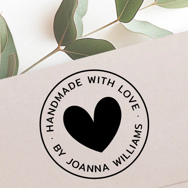 Handmade with love by custom name modern minimal rubber stamp | Zazzle