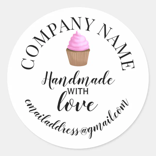 Handmade with love company name cake classic round sticker | Zazzle
