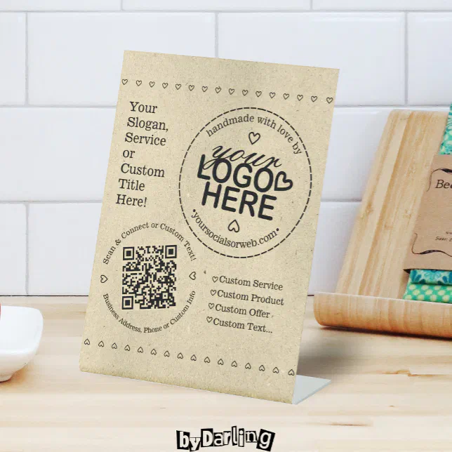 Handmade with Love Custom Logo QR Code Rustic Pedestal Sign | Zazzle