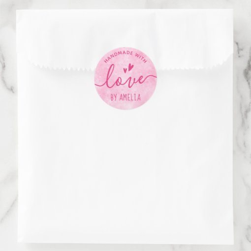 Handmade with love custom name pink classic round sticker | Zazzle