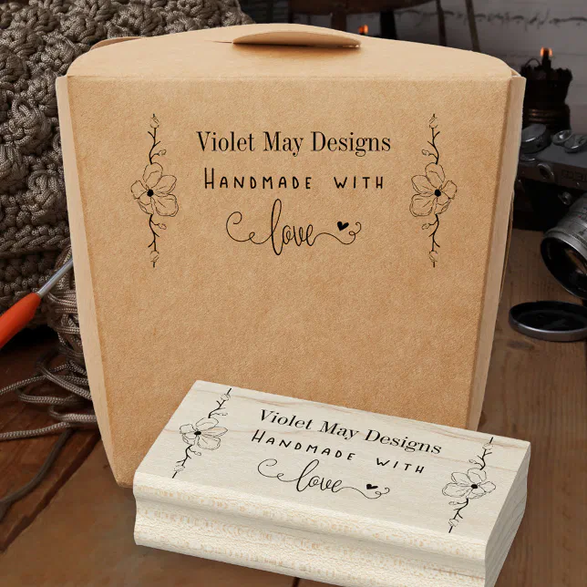 Handmade with Love Drawn Floral Border Custom Name Rubber Stamp | Zazzle