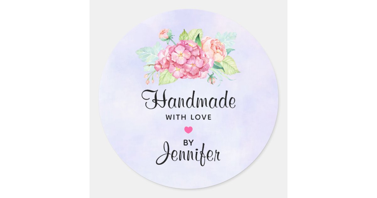 Handmade with Love Elegant Pink Watercolor Flowers Classic Round ...