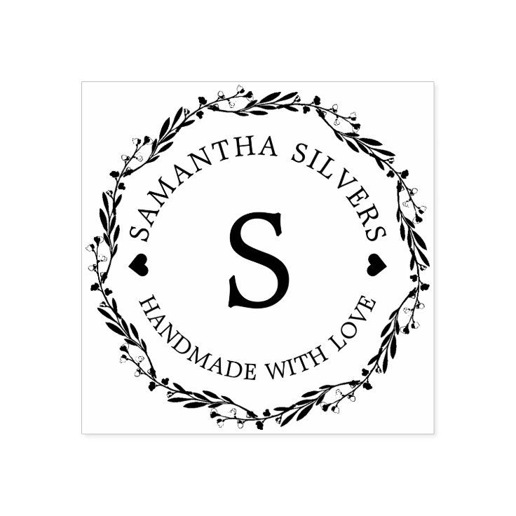Handmade With Love Floral Personalized Monogram Rubber Stamp | Zazzle