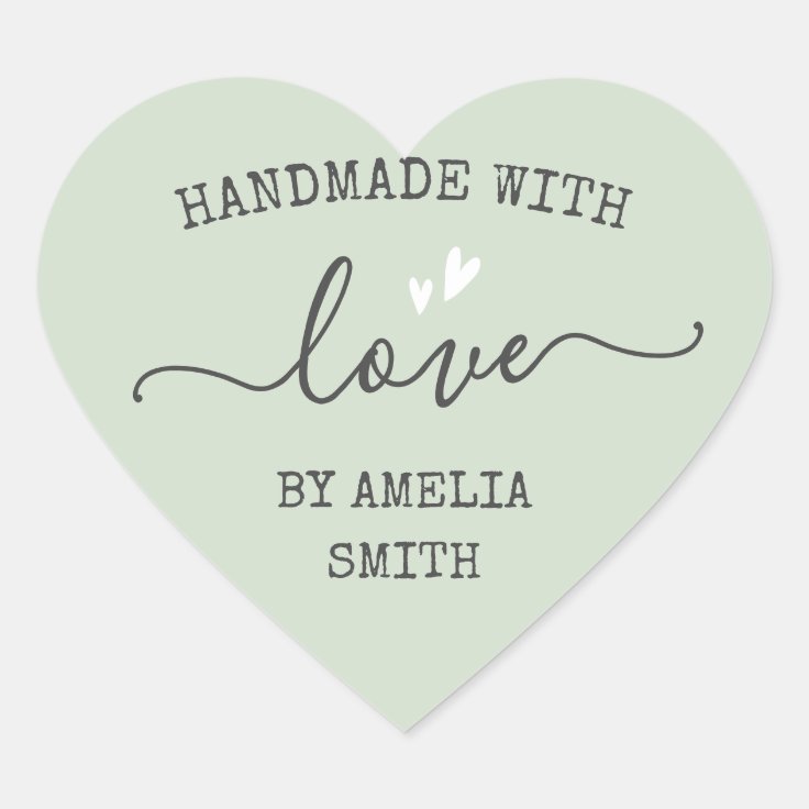 Handmade with love hearts name light sage green heart sticker | Zazzle