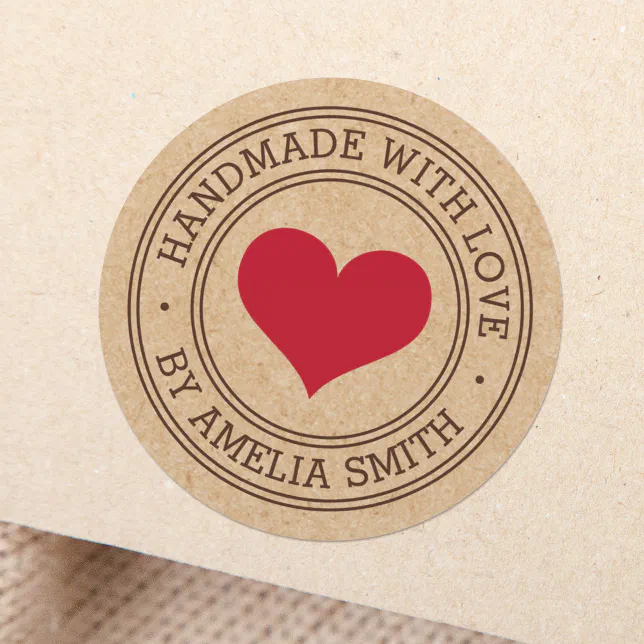 Handmade with love Kraft paper look Classic Round Sticker | Zazzle