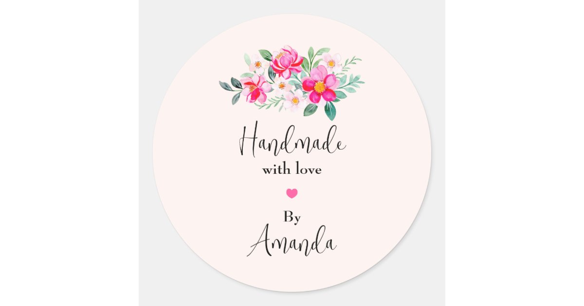 Handmade with Love Pink Flower Bouquet Classic Round Sticker | Zazzle